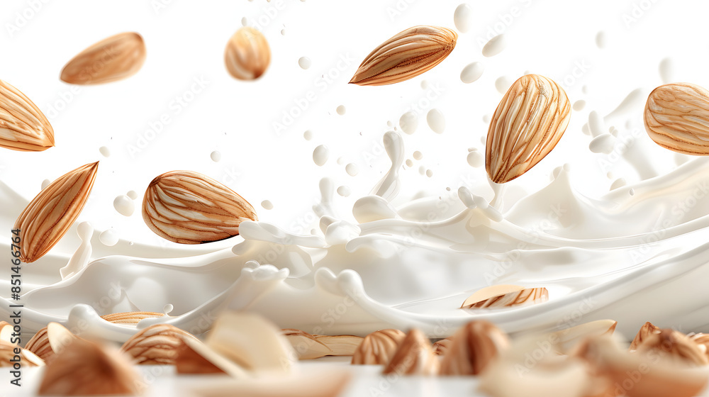 wave of milk flying in the air with almond kernels on a solid white ...