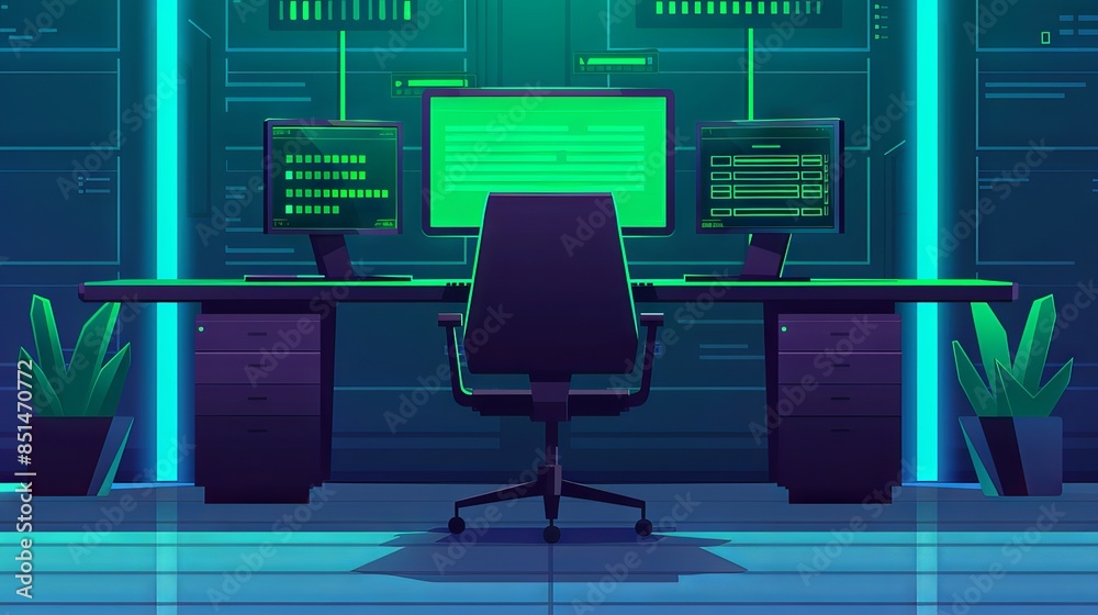 Modern cybersecurity workspace with multiple monitors displaying code and data in a futuristic ...