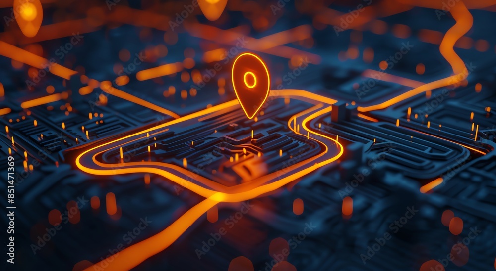 Digital Map with Location Pin and Blue Orange Glowing Pathways Stock ...