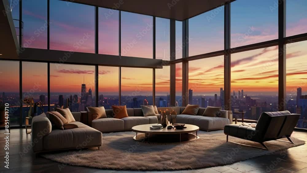 Modern living room interior with a panoramic view of the beauty of the ...