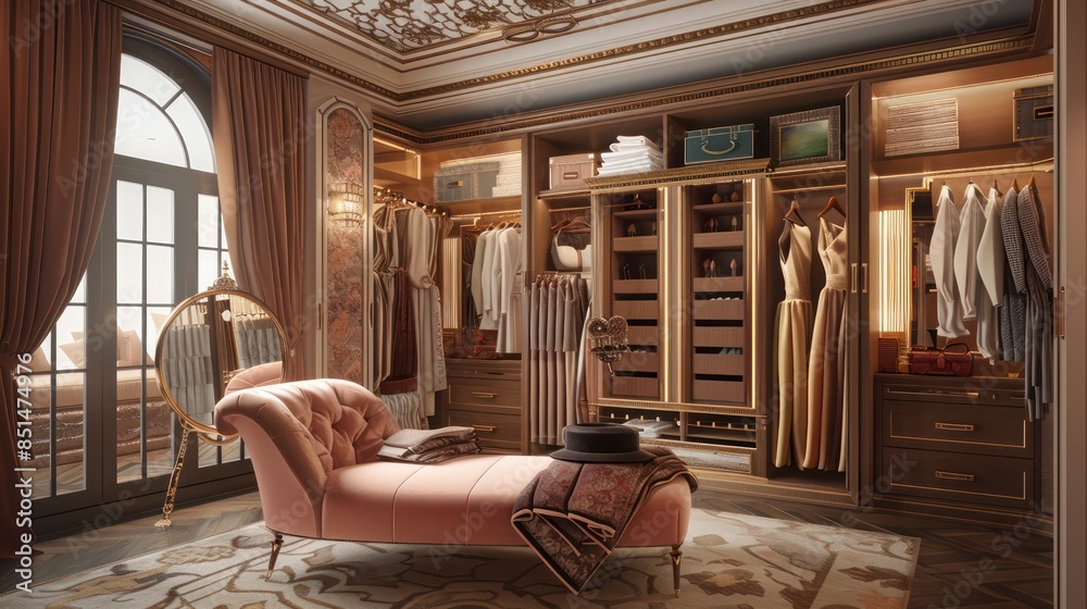 luxurious dressing room with customized closet systems, full-length ...