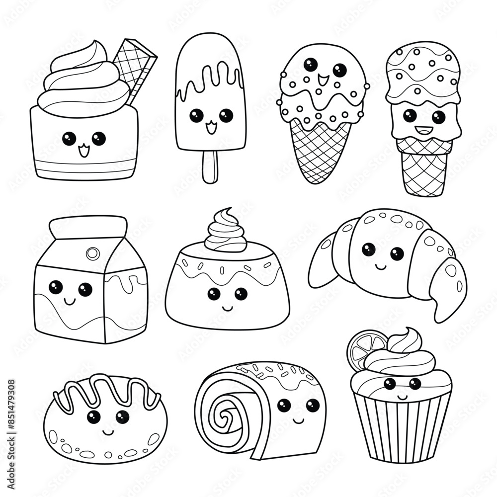 Set of cute kawaii sweet dessert doodle collection, cake cartoon ...