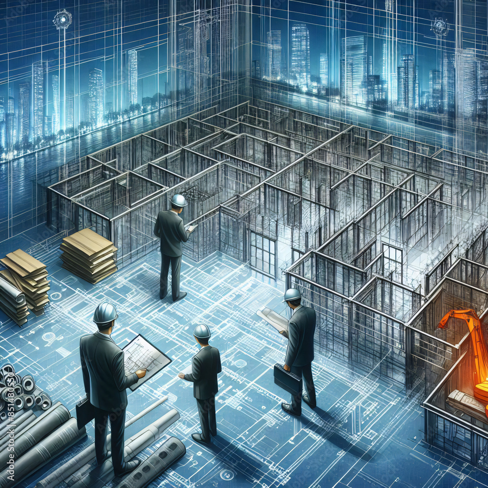 An illustration of structural engineering analysis with blueprints ...