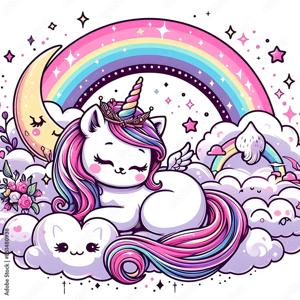 A cartoon unicorn design colours drawing graphic sleeping on clouds ...