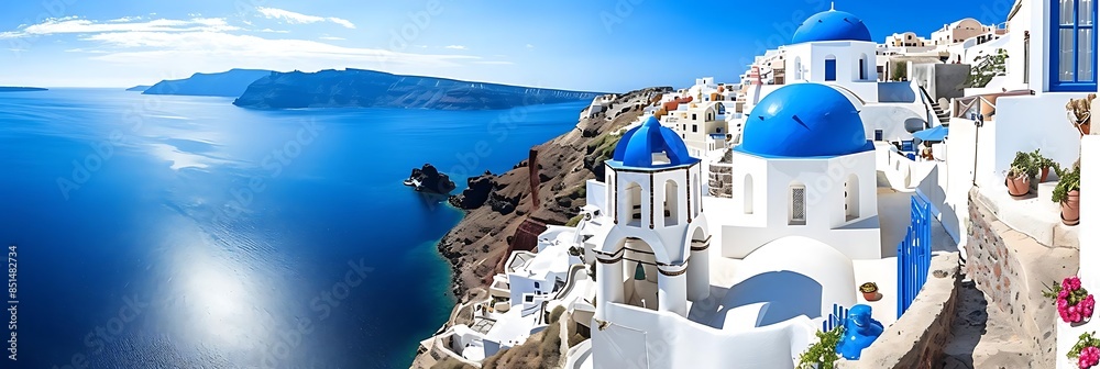 greek island whitewashed houses on a cliff overlooking blue water and ...