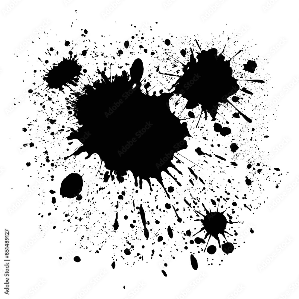 Black dried paint is splattered in disarray. Isolated black ink stencil ...