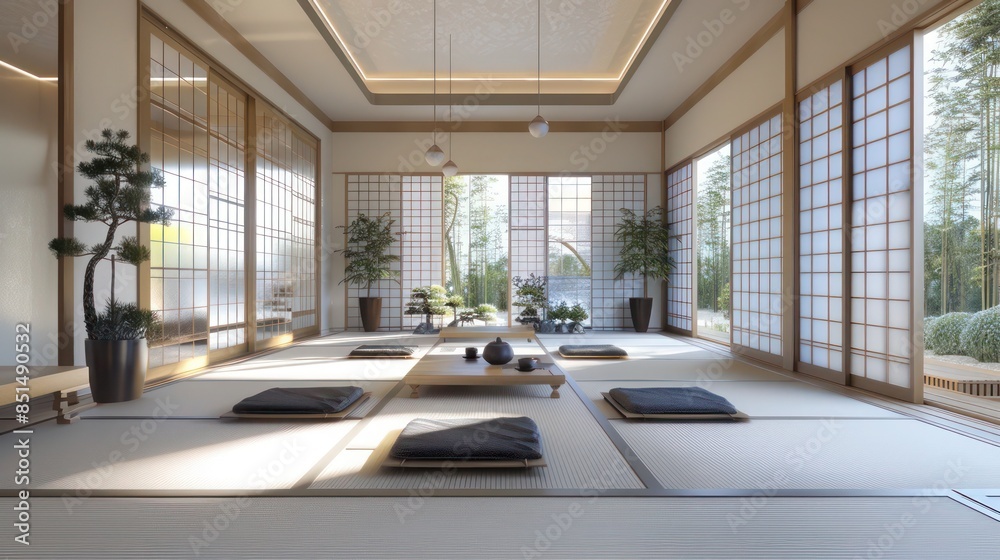 minimalist Japanese tea room with sliding shoji screens, tatami ...