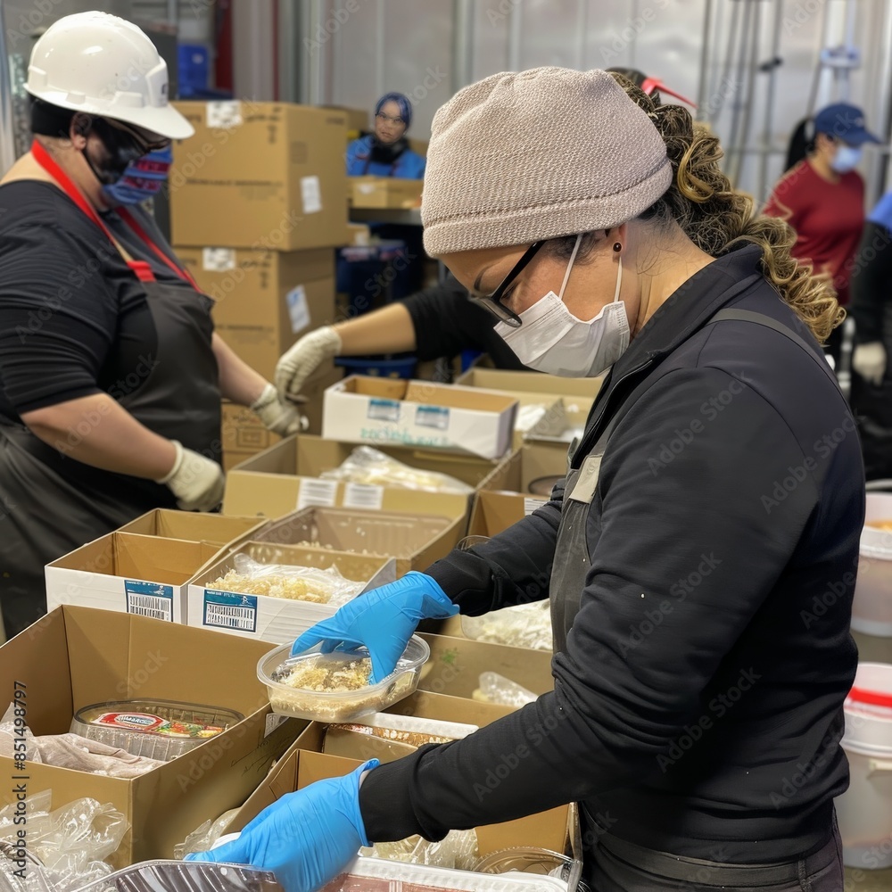 Volunteers wearing masks and gloves pack food boxes in a warehouse ...