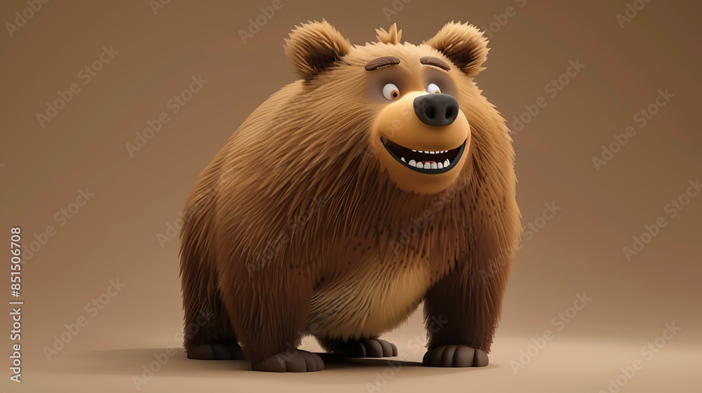 3D rendering of a cute and friendly cartoon bear. The bear has brown ...