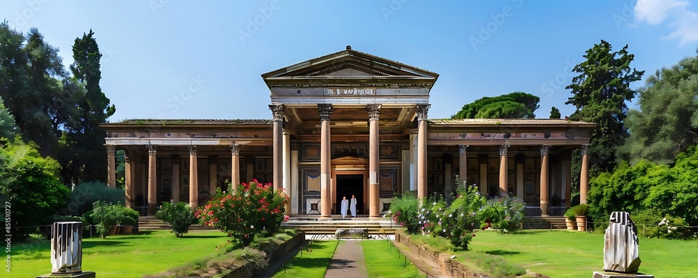 ancient roman villa surrounded by lush green trees and a clear blue sky ...