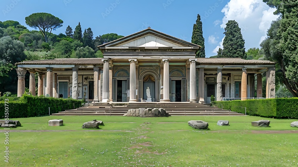ancient roman villa surrounded by lush green trees and a clear blue sky ...