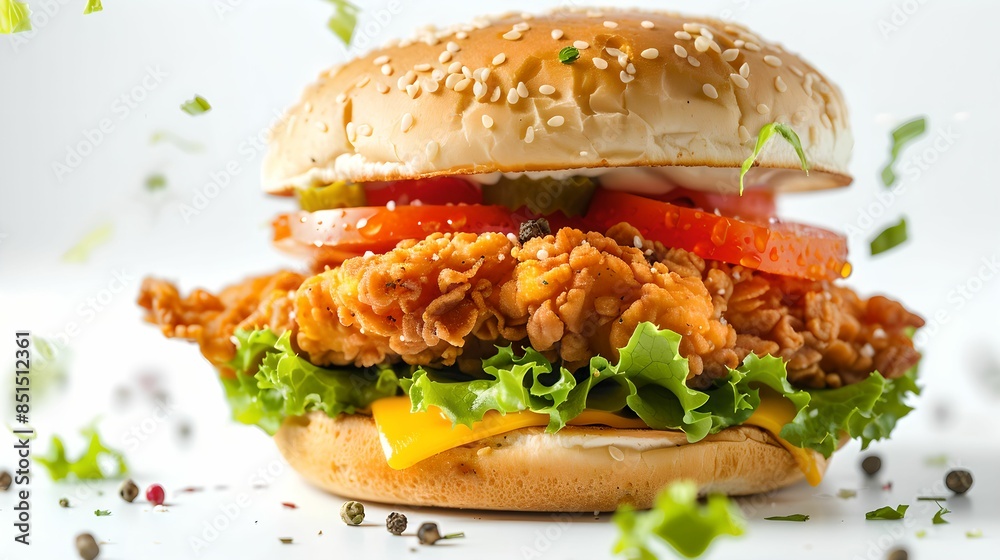 Crispy chicken sandwich flying toppings white background Stock ...