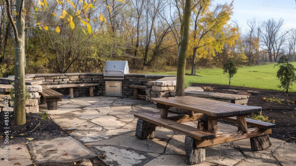 rustic outdoor barbecue area with a built-in grill, flagstone patio ...