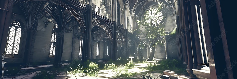 medieval monastery interior featuring arched windows and a tall tree ...