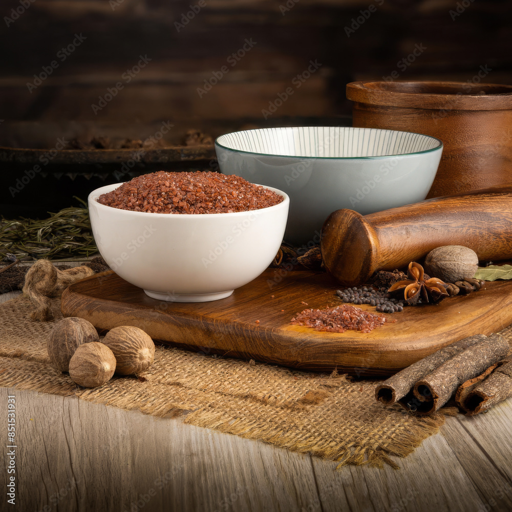 HAWAIIAN RED SALT on wooden table background. Herbs, spices and dried ...