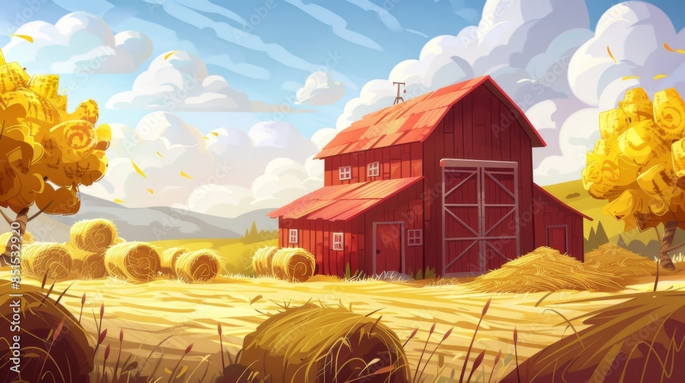Farm themed cartoon barn design featuring straw bales and hay piles ...