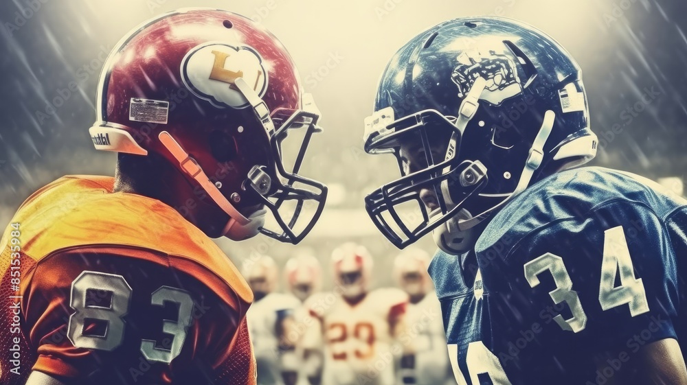 American football player wear helmet at stadium playing as team ready ...