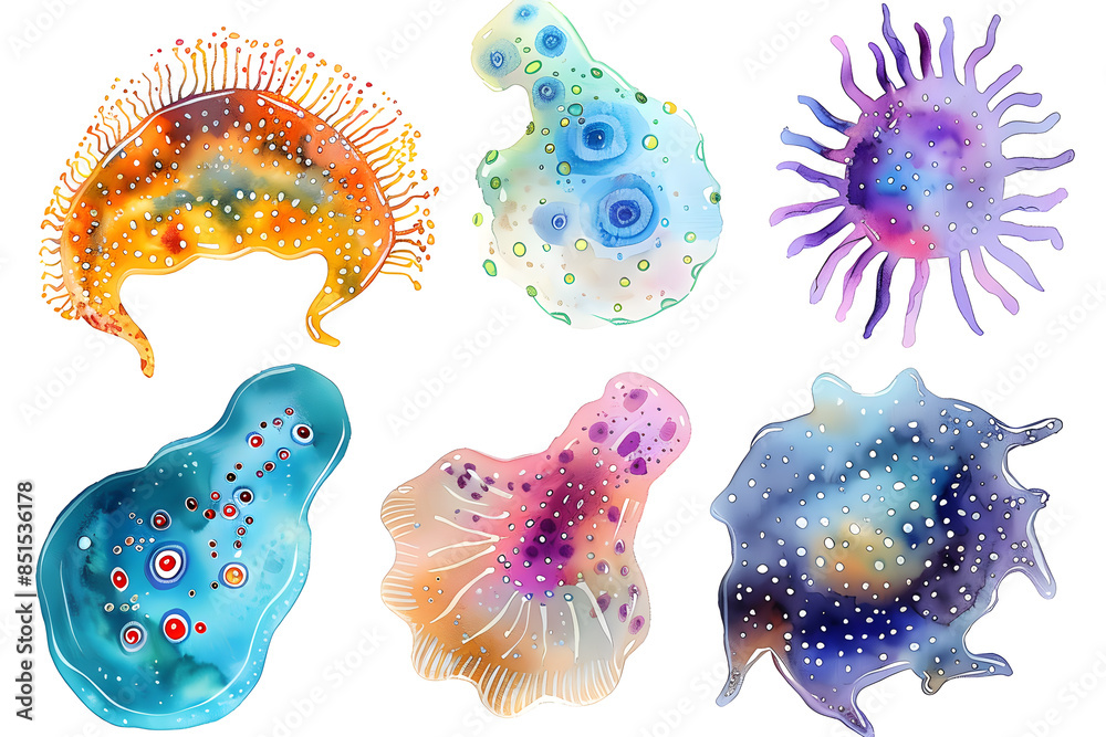 Collection of watercolor cartoon microorganisms amoeba isolated on ...