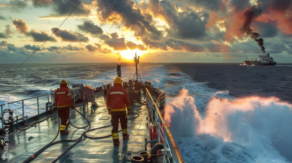 Crew on a tanker ship practicing safety protocols for fire incidents at ...