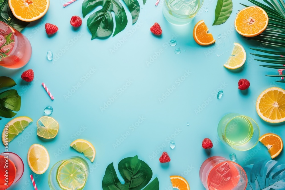 Summer Refreshments and Citrus Fruits with Tropical Leaves – Background ...