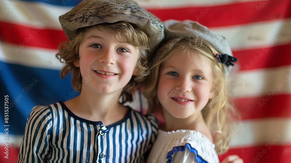 A French boy and girl with blonde hair and caps and native attire ...