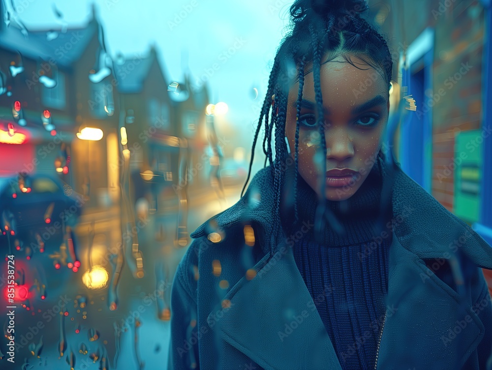Moody Young Woman with Braids Behind Rain-Soaked Window in Urban Street ...