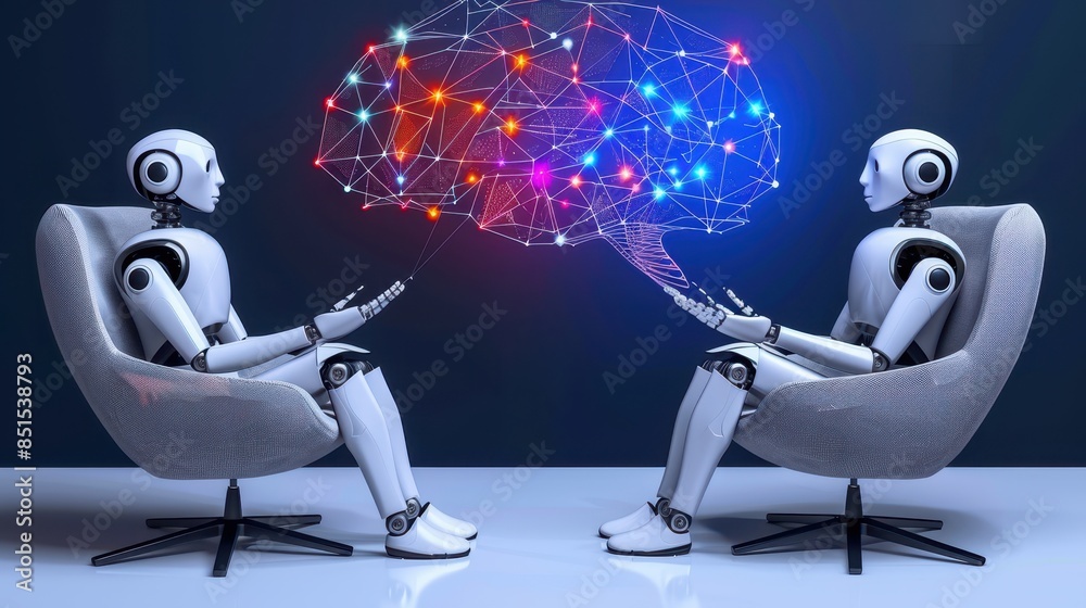 A human entrepreneur and a robot partner brainstorming ideas, digital ...