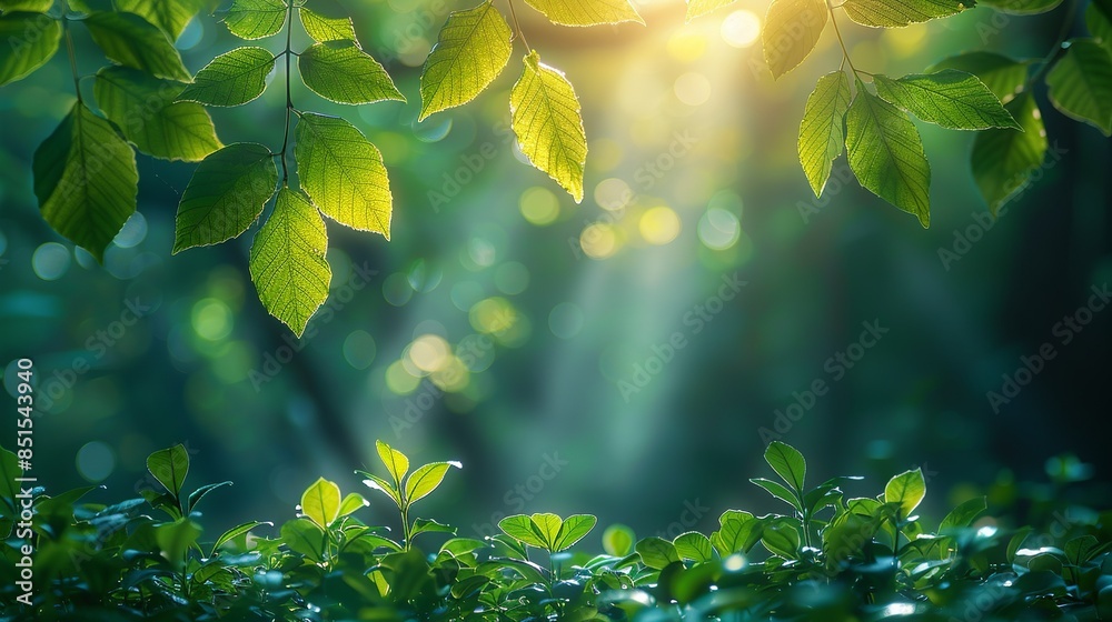Sunlight filtering through a canopy of leaves, dappling the forest ...