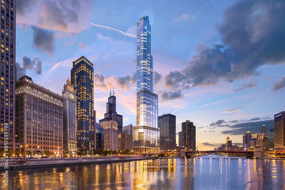 Design a panoramic view of a modern city skyline at dusk, emphasizing ...