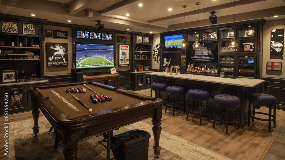 stylish man cave with a high-tech entertainment system, sports ...