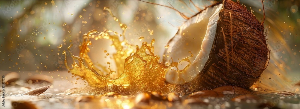 Produce a 3D computer-generated image of a coconut on its side, exuding ...