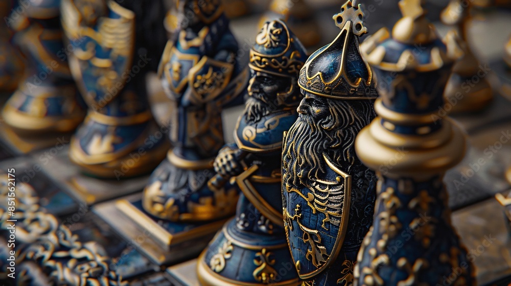 Close-up of chess set with pieces inspired by legendary weapons like ...