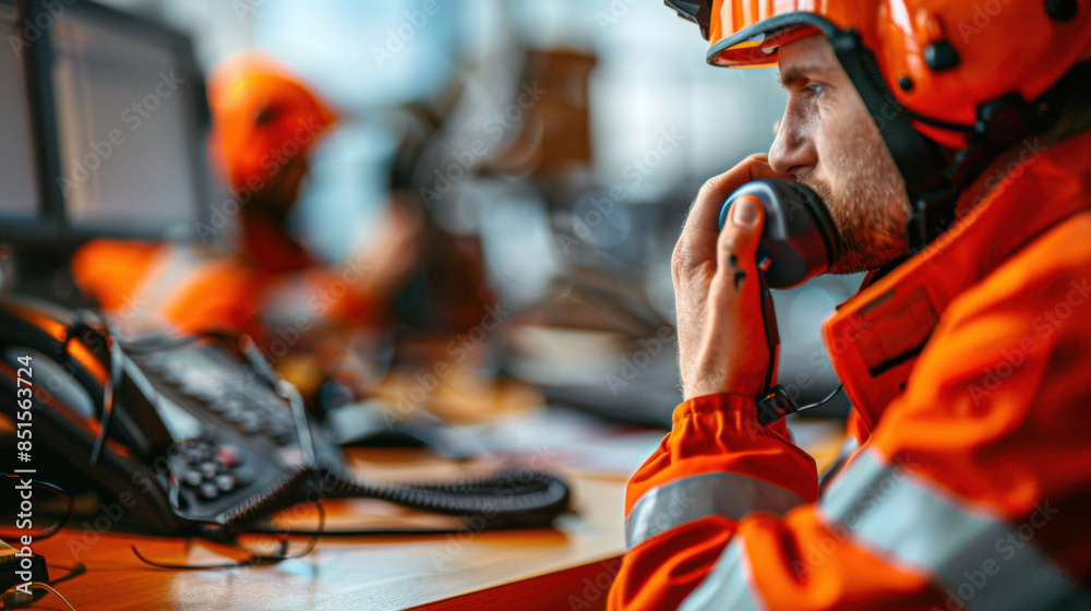 Focused emergency dispatcher in orange uniform using a communication ...