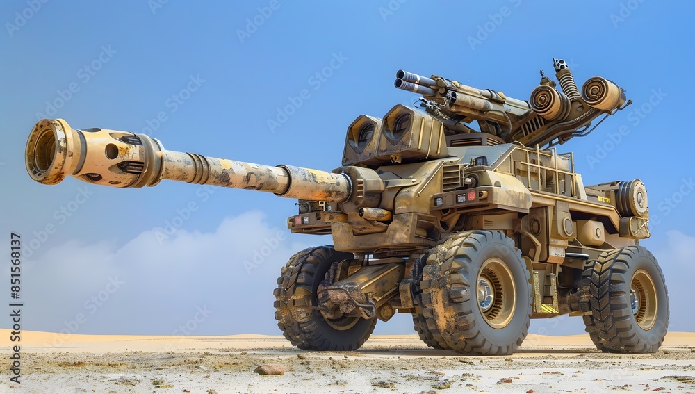 A large, mobile anti-aircraft gun with wheels and tracks on the desert ...