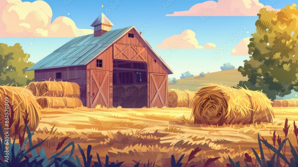 Farm themed cartoon barn design featuring straw bales and hay piles ...