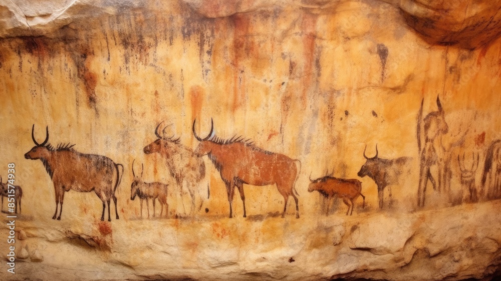 Abstract cave painting record about encounter or hunting wild animal ...