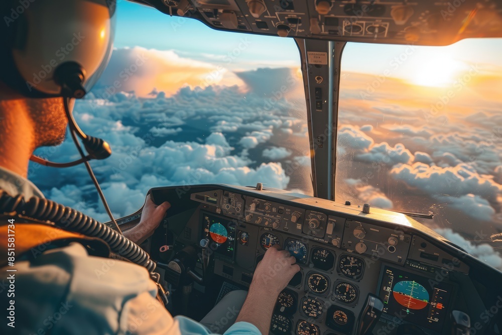 Smart pilot sitting at cockpit and using control panel in plane with ...