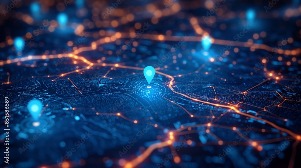 Futuristic map with location pins and glowing network Stock Photo ...