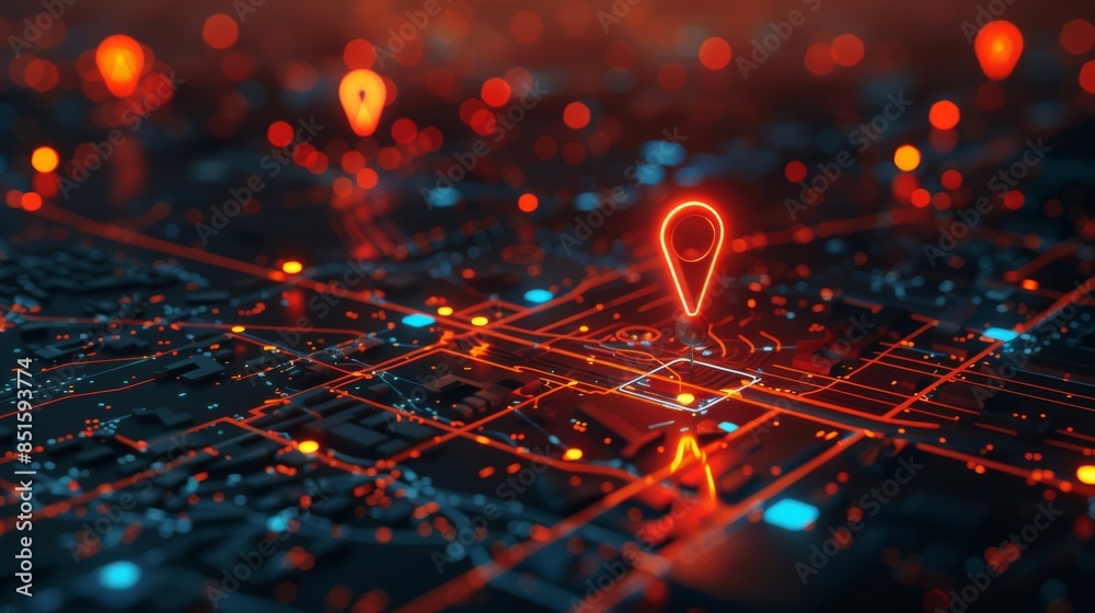 A digital map displaying a location with two pins set, representing AI ...