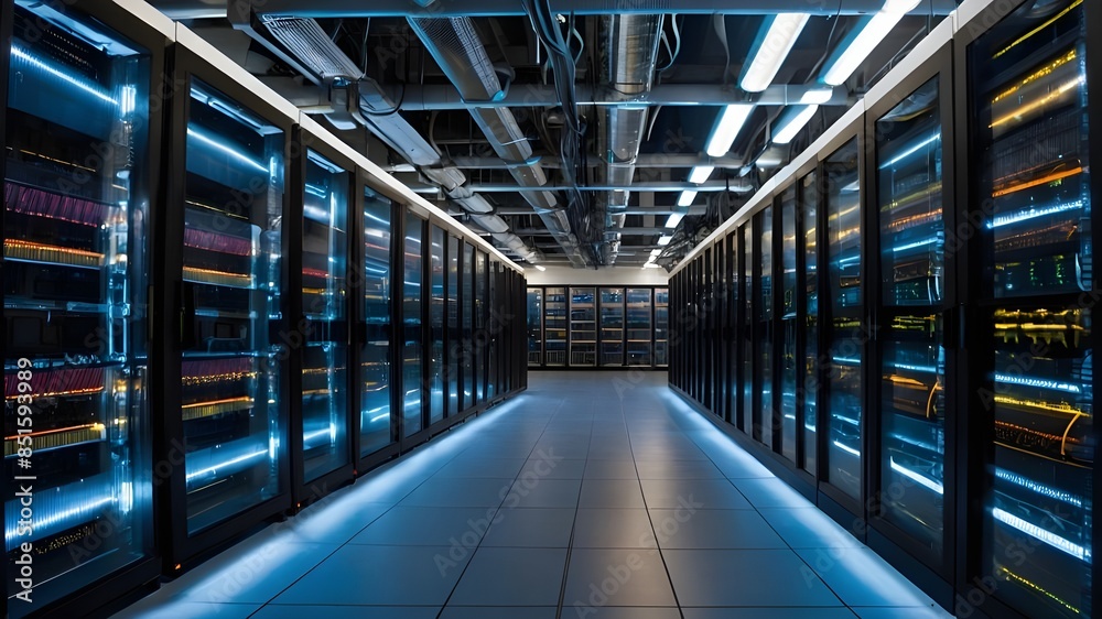 Data Encryption And Privacy Secure Server Room With Glowing Encryption Symbols Stock