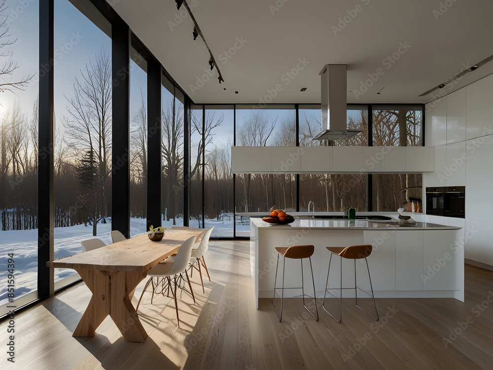 Luxurious Minimalist Snow White Kitchen with Island, Bar Stools ...