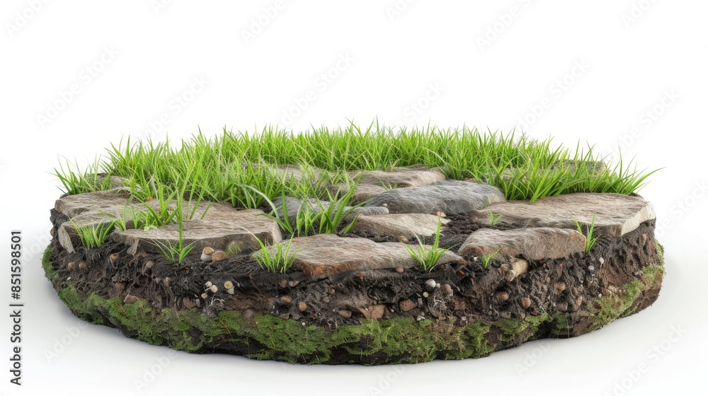 Round cross section of soil ground with green grass and earth ground ...