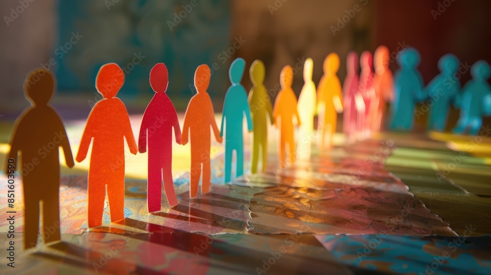 Paper cutouts of children holding hands in a row. Close up of paper cut ...