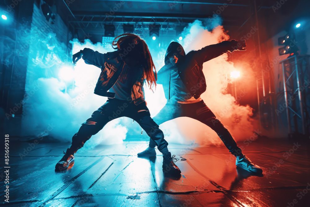 Two dancers perform a dynamic hip-hop routine on a stage with dramatic ...