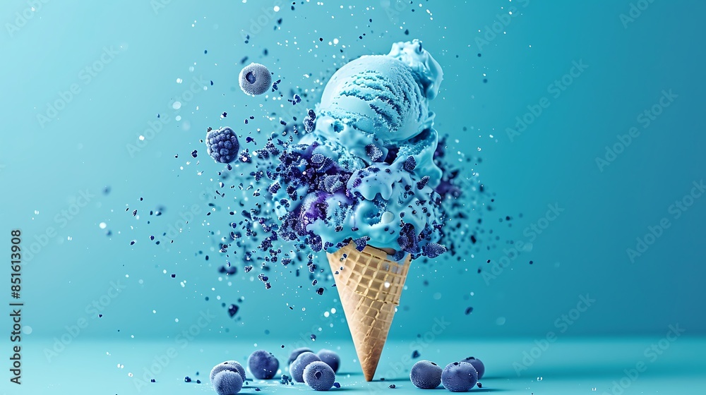 **Blueberry ice cream explosion isolated on a solid teal background ...