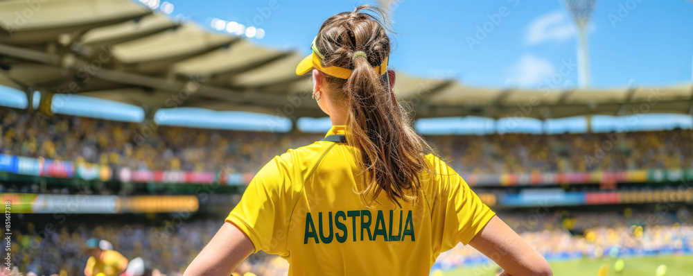 Back View of Australian female Cricket Fan with Raised Arms, Stadium ...