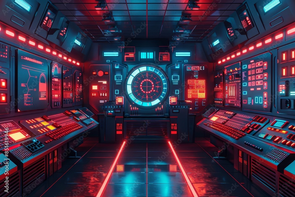 Factory control room with a digital interface, time bomb countdown ...