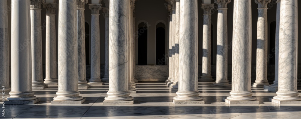 Symmetrical rows of ancient Roman columns, captured in high detail with ...