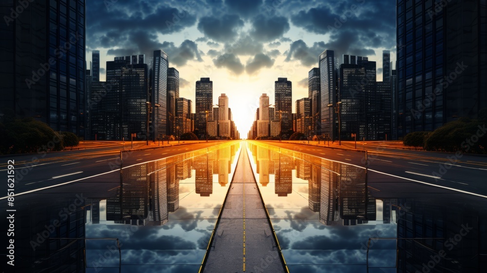 Symmetrical cityscape with one half in bright daylight and the other in ...