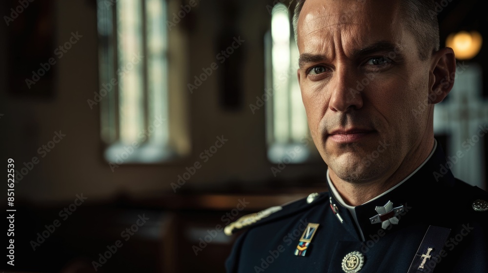 The picture of the military officer standing inside the church and ...